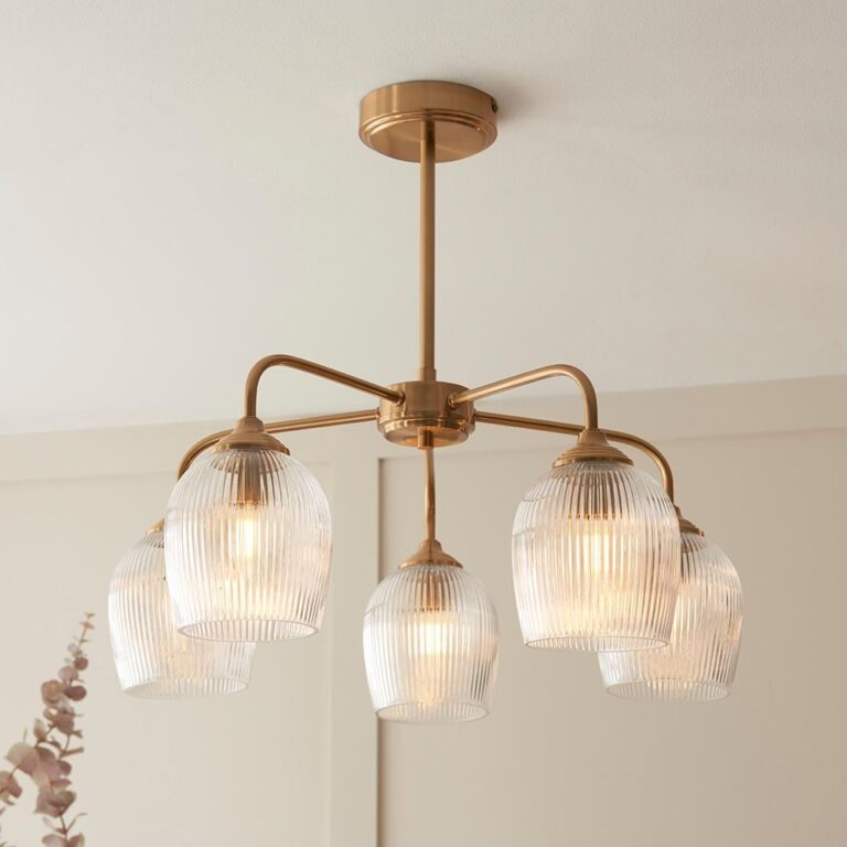 Aiken 5 Light Ribbed Glass Ceiling Light In Brushed Aged Brass ...